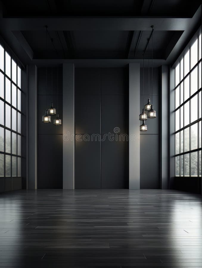 Empty Dark Interior in Loft Style with Panoramic Windows AI Stock Image ...