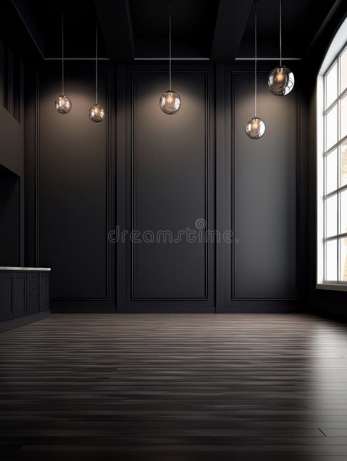 Empty Dark Interior in Loft Style with Panoramic Windows AI Stock Photo ...