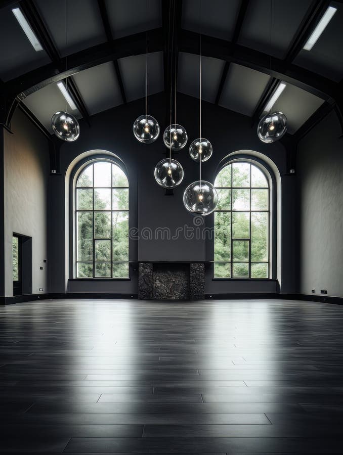 Empty Dark Interior in Loft Style with Panoramic Windows AI Stock Image ...