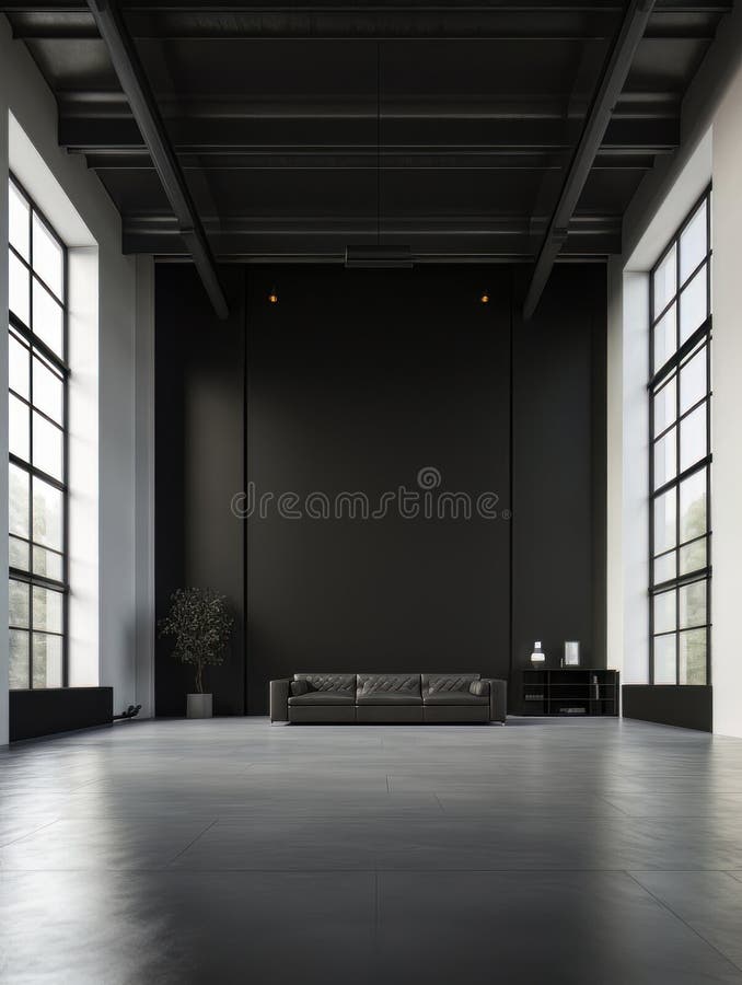 Empty Dark Interior in Loft Style with Panoramic Windows AI Stock Photo ...
