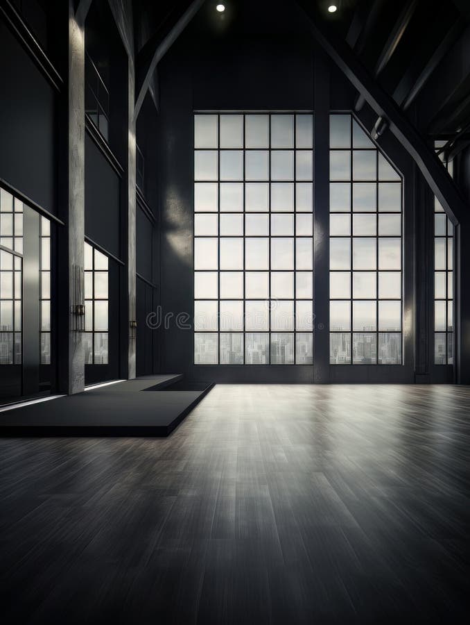 Empty Dark Interior in Loft Style with Panoramic Windows AI Stock Image ...
