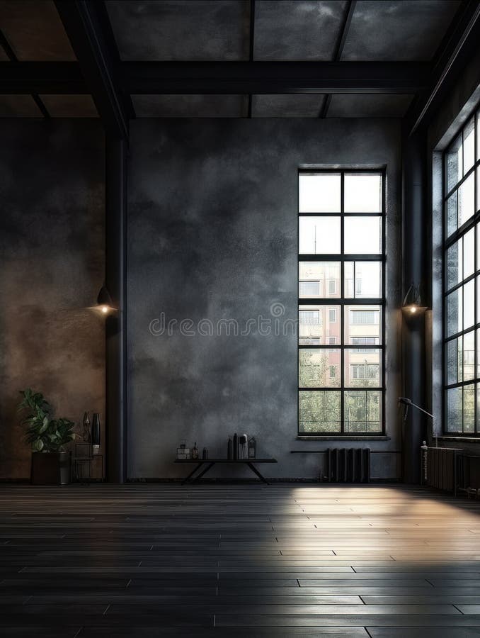 Empty Dark Interior in Loft Style with Panoramic Windows AI Stock Image ...
