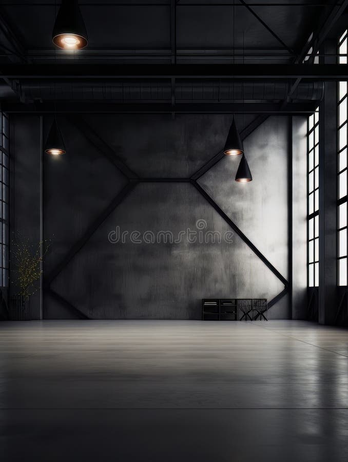 Empty Dark Interior in Loft Style with Panoramic Windows AI Stock Photo ...