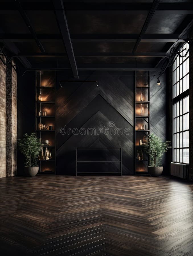 Empty Dark Interior in Loft Style with Panoramic Windows AI Stock Photo ...