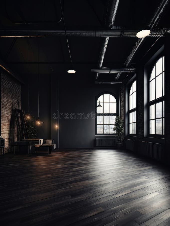 Empty Dark Interior in Loft Style with Panoramic Windows AI Stock Image ...