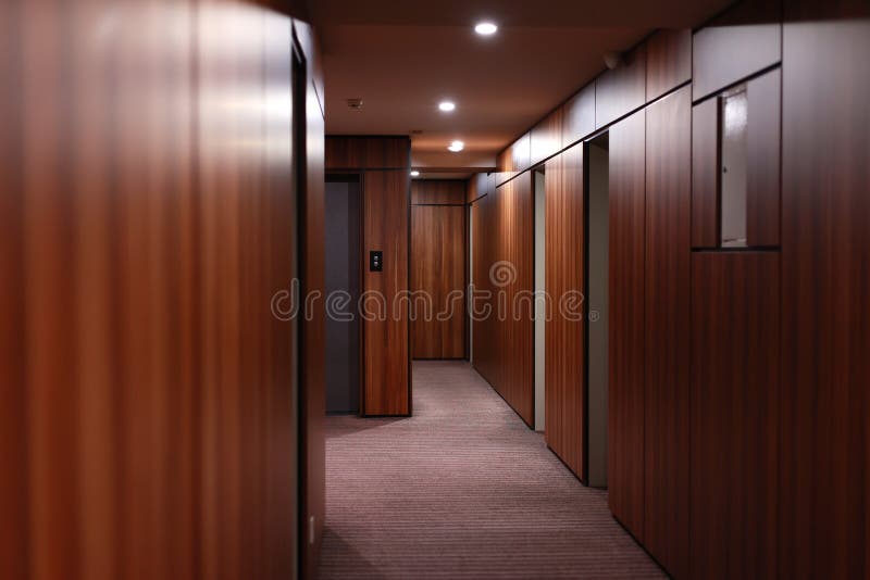Empty Dark Interior of the Modern Hotel Corridor, with Wood-paneled ...