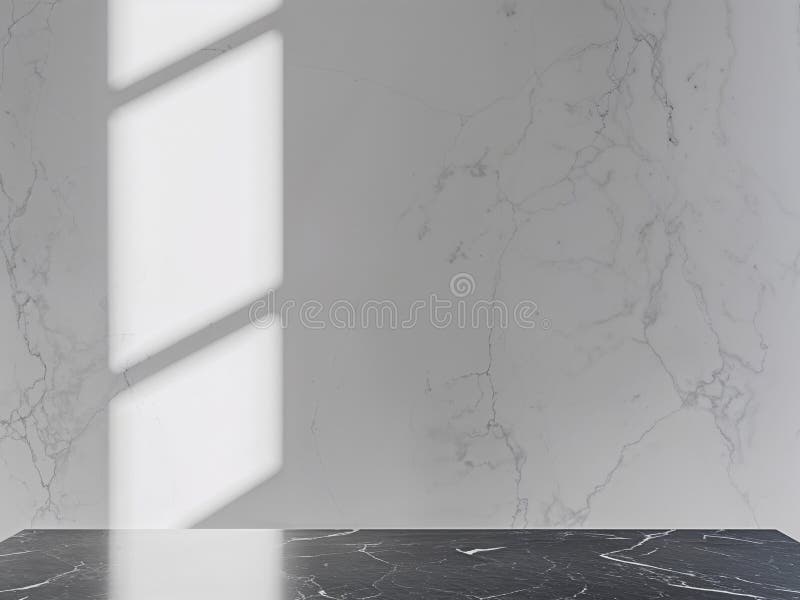 Empty Dark Marble Table Top with Shadow Drop on White Wall Background ...