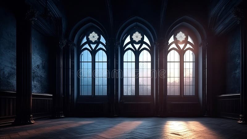 Empty Dark Room in Gothic Style with Large Windows Stock Illustration ...