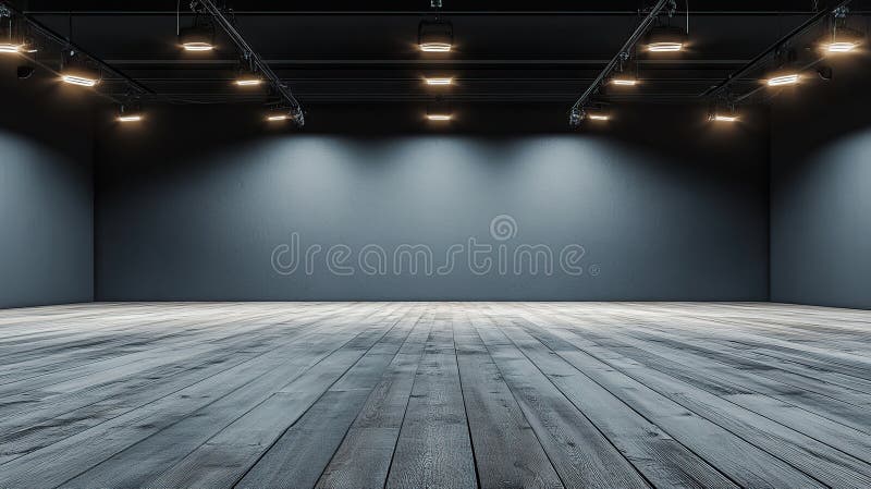 Empty Dark Room with Wooden Floor and Spotlights Stock Photo - Image of ...
