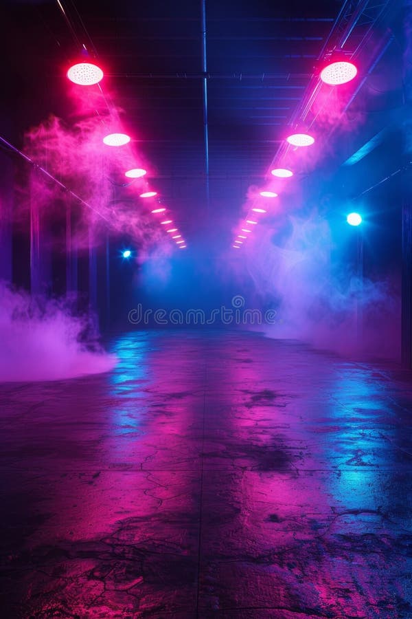 Empty Dark Street with Neon Spotlights, Concrete Floor, and Smoke ...