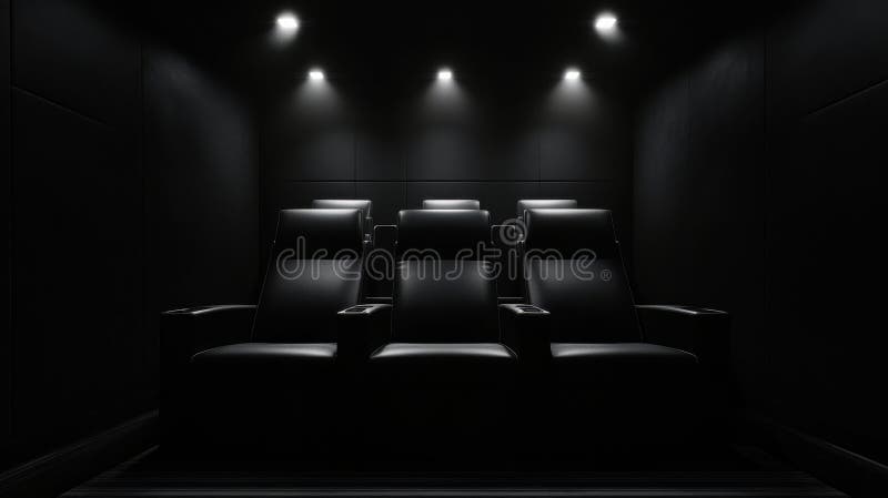 Empty Dark Theater Room with Rows of Black Seats and Dim Lighting Stock ...