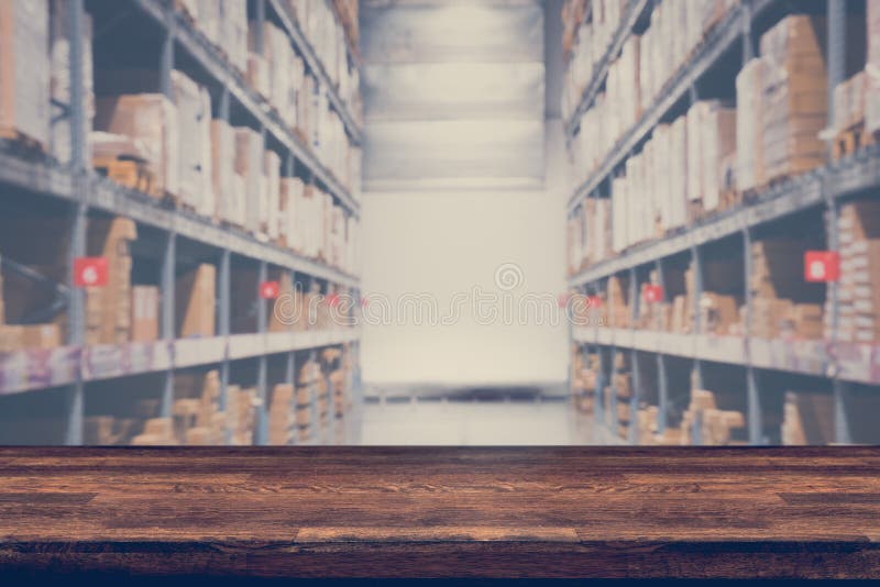Empty Wood Table Top on Blurred Warehouse. Stock Photo - Image of cargo ...