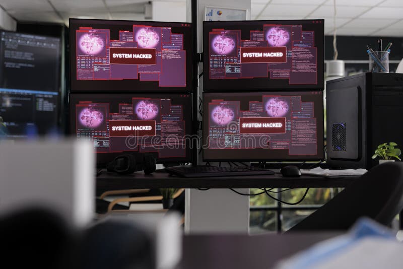 Empty Programming Workspace with Big Monitor Screen Shows Code Stock ... Empty Programming Workspace with Big Monitor Screen Shows Code Stock ...