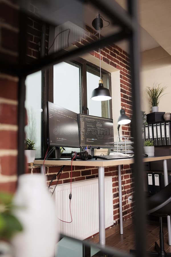 Empty Data Office Desk with Multiple Programming Computers Stock Image - Image of database ...