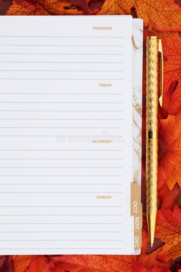 Empty Day Planner and Pen with Weekend with Fall Leaves Stock Photo ...