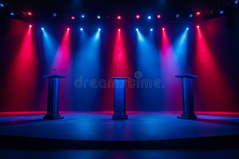 Empty Debate Stage Featuring Podiums Under Spotlights Stock Image ...