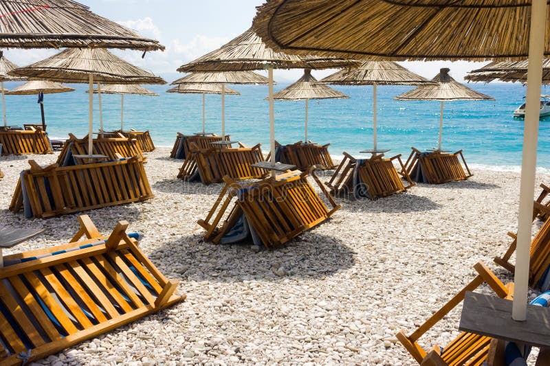 Straw Canopy on the Beach. Borsh Albania Stock Image - Image of albania ...