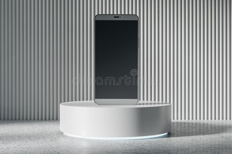 Empty Decorative Linear Wall with Blank Smartphone on White Pedestal ...
