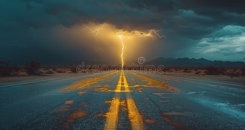 Empty Desert Highway Under a Dramatic Lightning Storm Stock Image ...