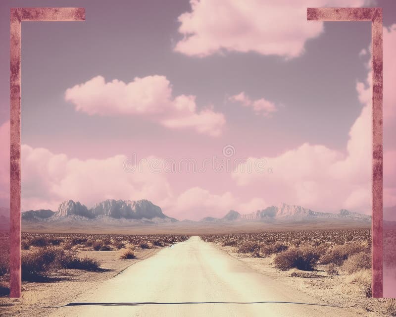 An Empty Desert Road with a Pink Frame in the Middle Stock Illustration ...