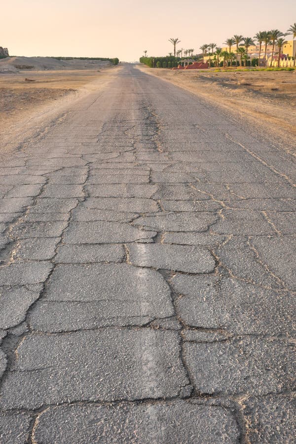 Empty Desert Road at Sunset, Front Focus on Asphalt, Egypt Stock Photo ...