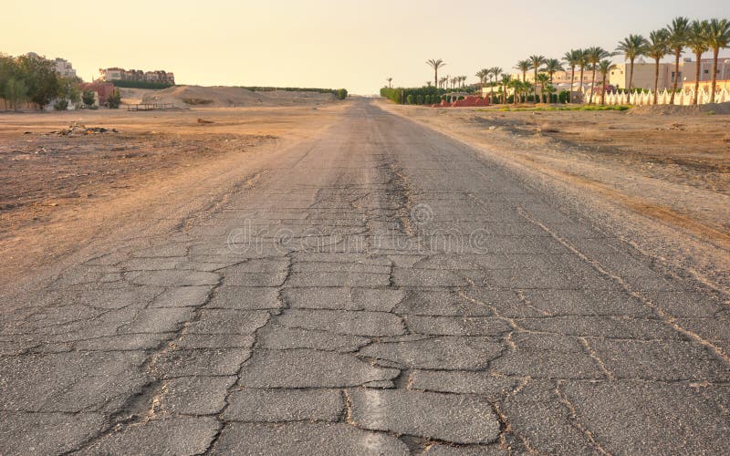Empty Desert Road at Sunset, Front Focus on Asphalt, Egypt Stock Photo ...