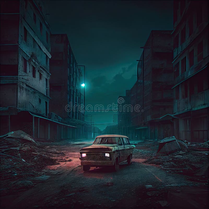 Empty Deserted Streets of Postapocalyptic City Illuminated by ...