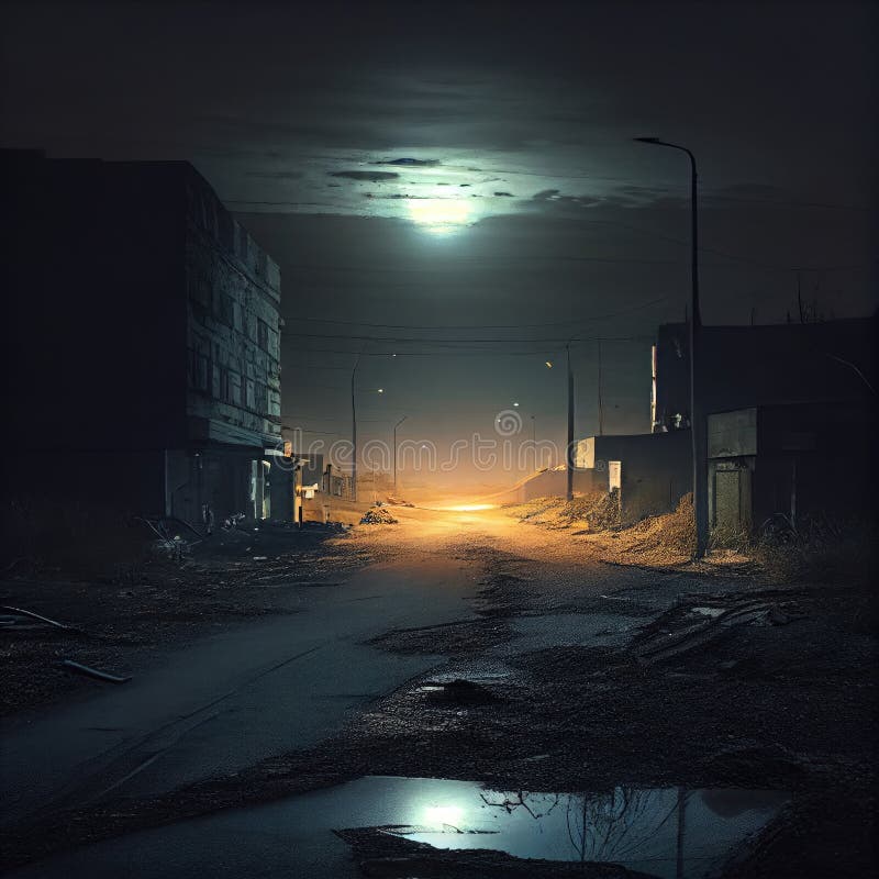 Empty Deserted Streets of Postapocalyptic City Illuminated by ...