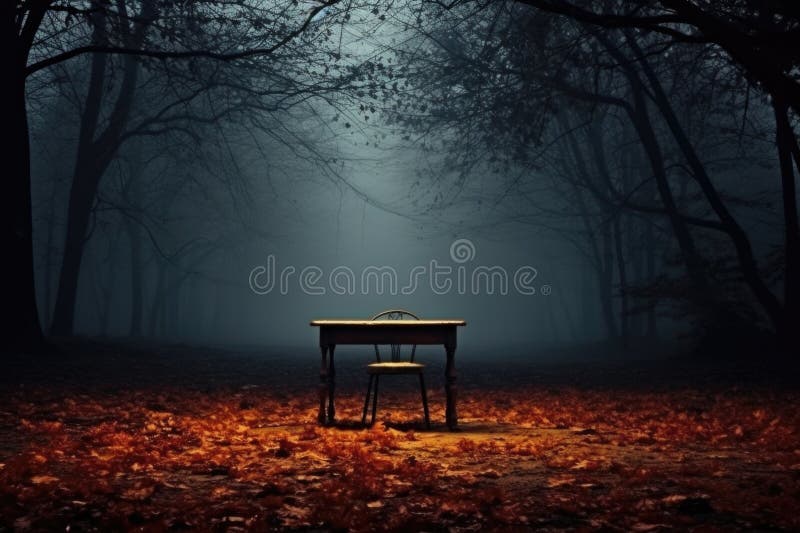 An Empty Desk in the Middle of a Dark Forest, AI Stock Illustration ...
