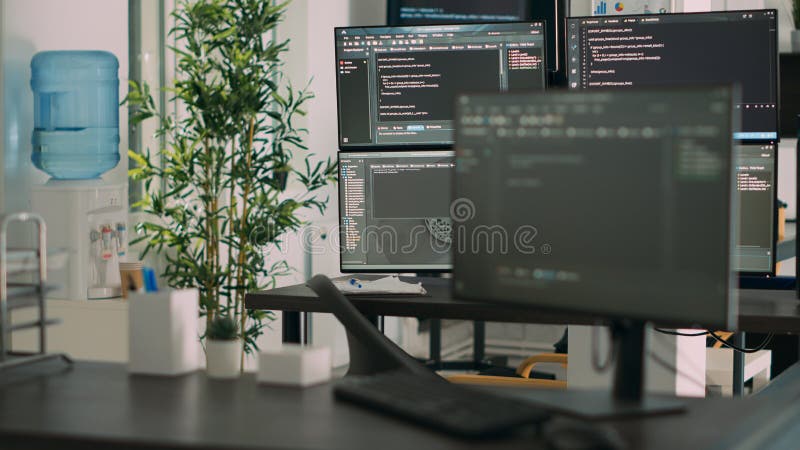 Empty Programming Workspace with Big Monitor Screen Shows Code Stock ... Empty Programming Workspace with Big Monitor Screen Shows Code Stock ...
