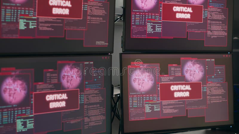 Empty Desk with Multiple Monitors Showing System Crash Warning Stock ... Empty Desk with Multiple Monitors Showing System Crash Warning Stock ...