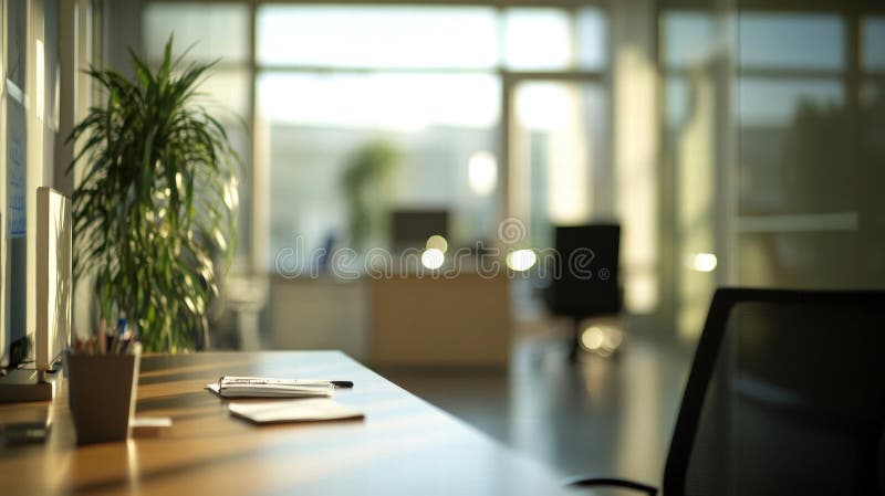 Empty Desk Sits in Quiet Office with Sunlight Streaming through Windows ...