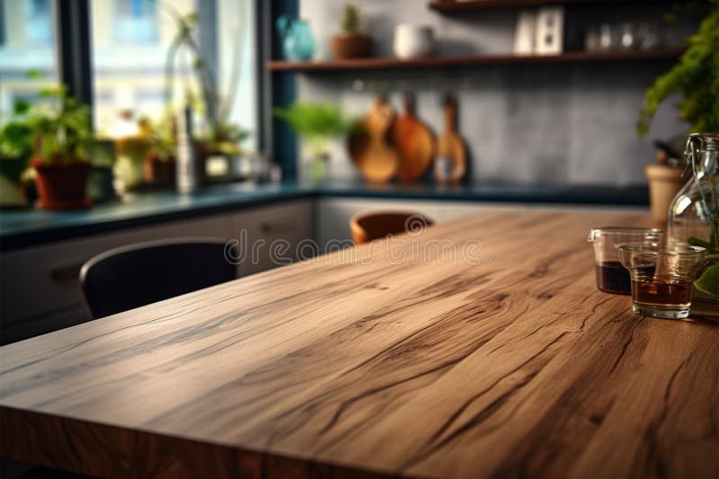 Empty Desk Space Contrasting with a Stylish Kitchen Interior Backdrop ...