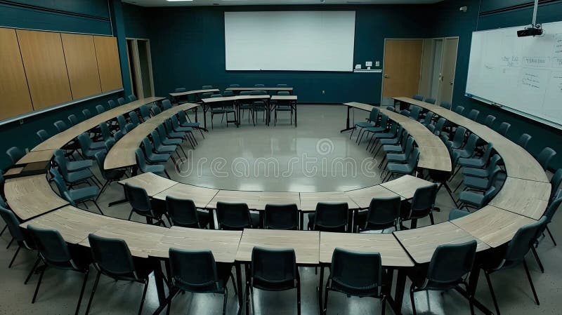 Empty Desks and Chairs in a Classroom Arranged in a Horseshoe Shape ...