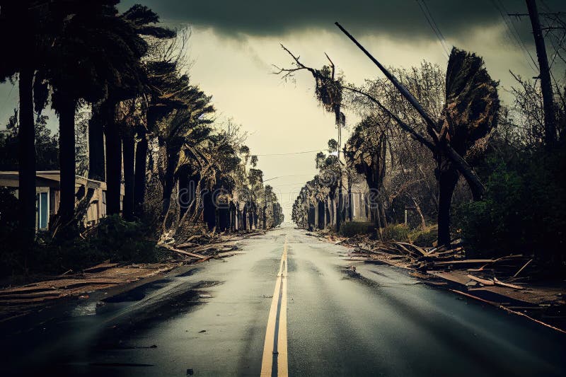 Empty and Devastated Street with Falling Trees after Aftermath ...