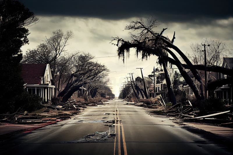 Empty and Devastated Street with Falling Trees after Aftermath ...