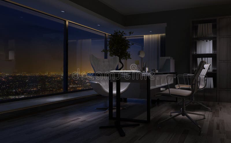 Office Large Window Overlooking City Night Office Building Exterior