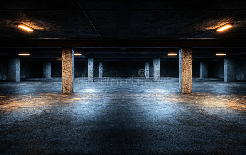 Empty, Dimly Lit Underground Parking Garage. Stock Illustration ...