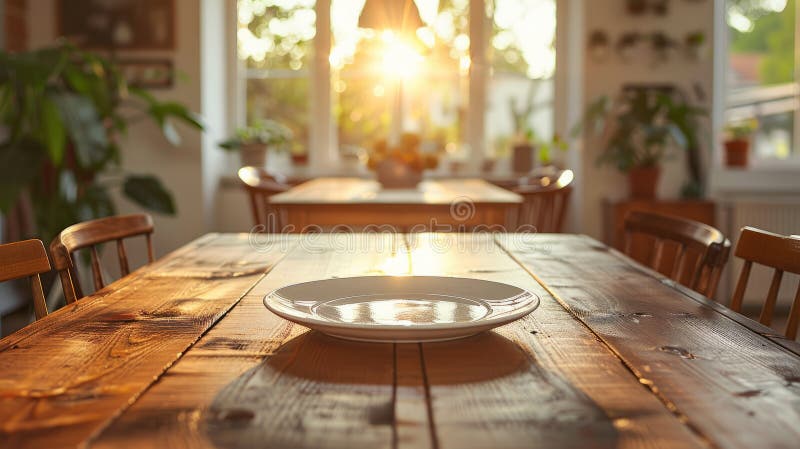 Empty Dining Room Table with Warm Sunlight Stock Photo - Image of ...