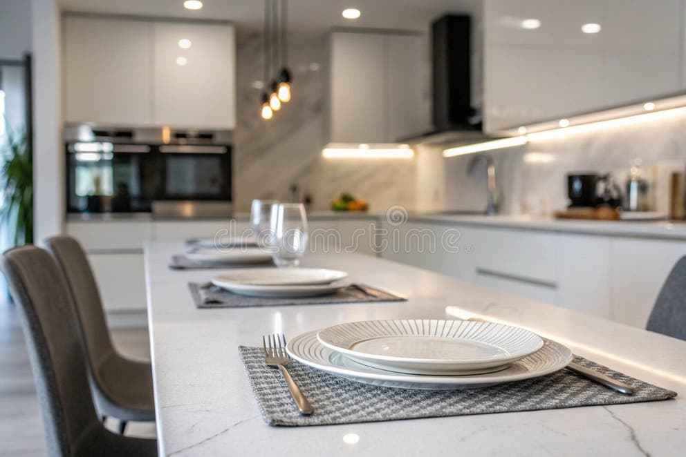 Empty Dining Table with Modern Kitchen Background Stock Illustration ...