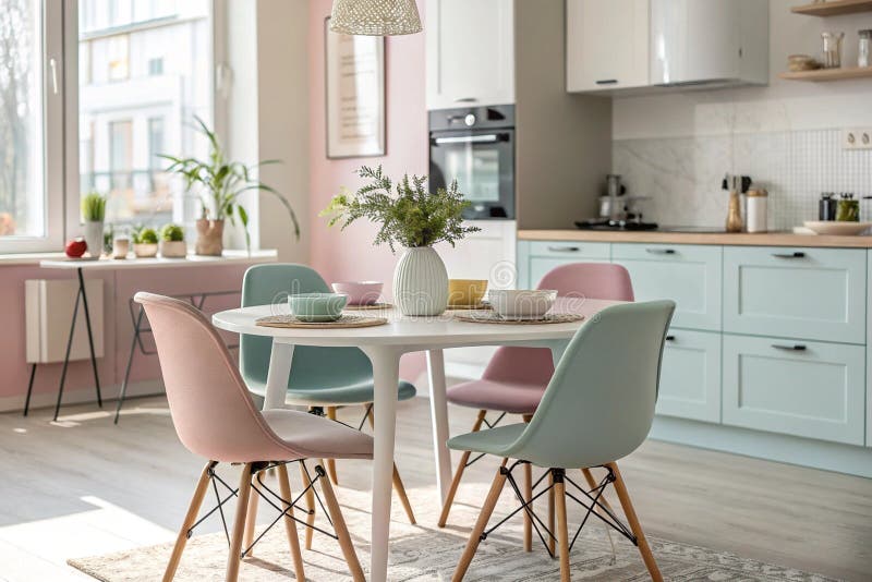 Empty Dining Table with Pastel-colored Chairs in Modern Kitchen Stock ...