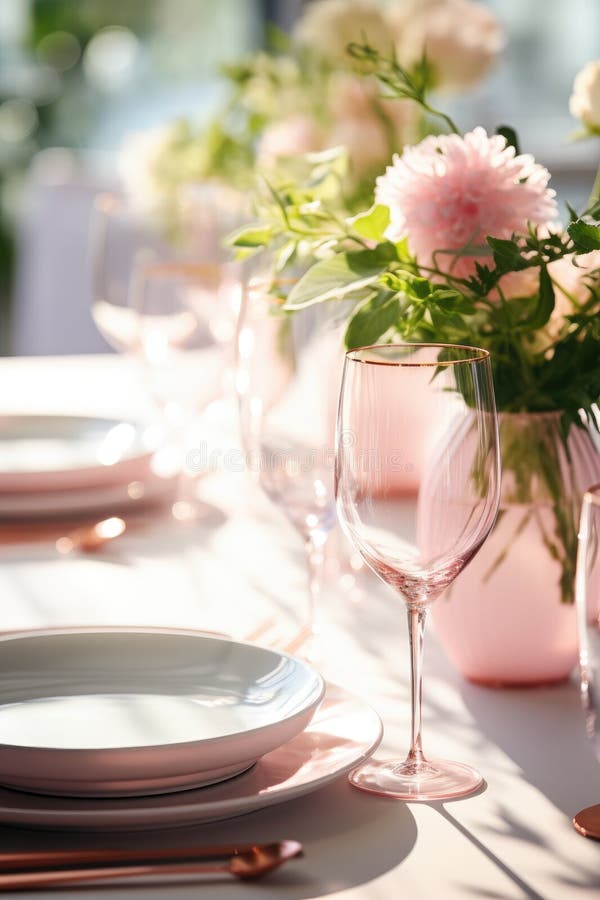 Empty Dinner Table with Green Plants, Ai Created Stock Illustration ...