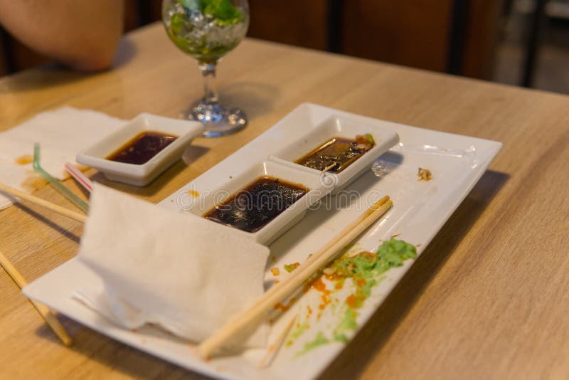 Empty Dirty Plate of Sushi on Table in Cafe. Stock Photo - Image of ...