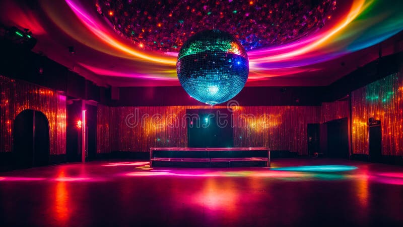 Empty Disco Hall with Disco Ball and Lights, Background Stage Ramp ...