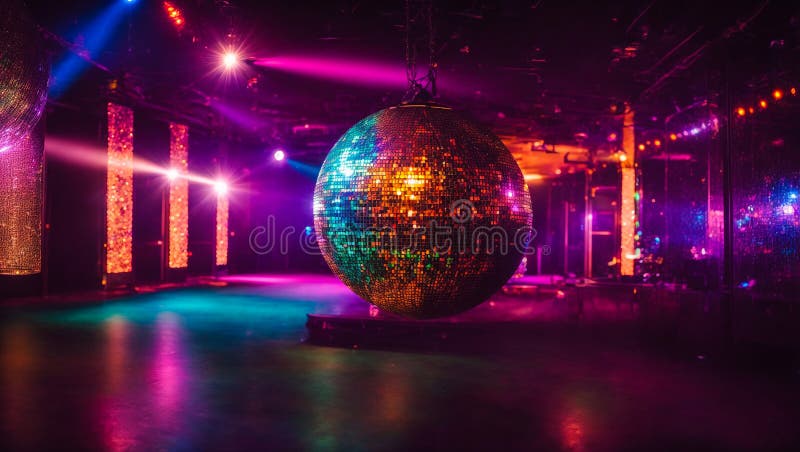 Empty Disco Hall with Disco Ball and Lights, Background Stage Ramp ...