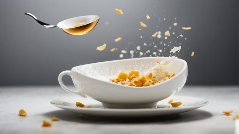 Empty Dishes Cup, Plate and Spoon are Flying on a White. Stock ...