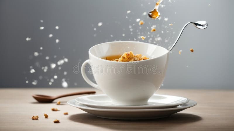 Empty Dishes Cup, Plate and Spoon are Flying on a White. Stock ...