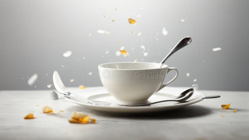 Empty Dishes Cup, Plate and Spoon are Flying on a White. Stock ...