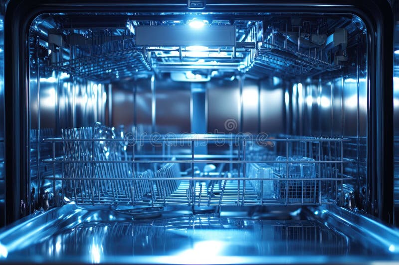 Empty Dishwasher with Open Door Showing Internal Components Stock ...