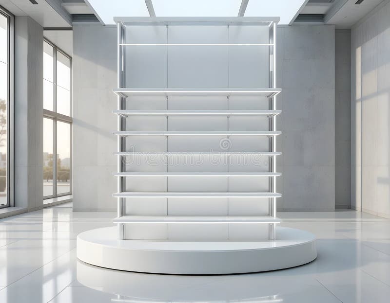 Empty Display Shelf Unit on a Circular Base in Bright Room Stock Image ...